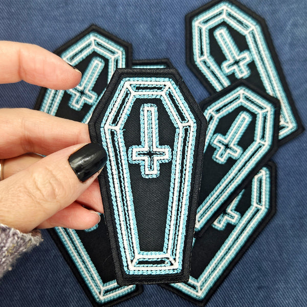 Neon Coffin Inverted Cross Iron On Patch - Junkyard Witch
