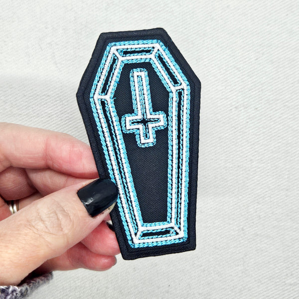 Neon Coffin Inverted Cross Iron On Patch - Junkyard Witch