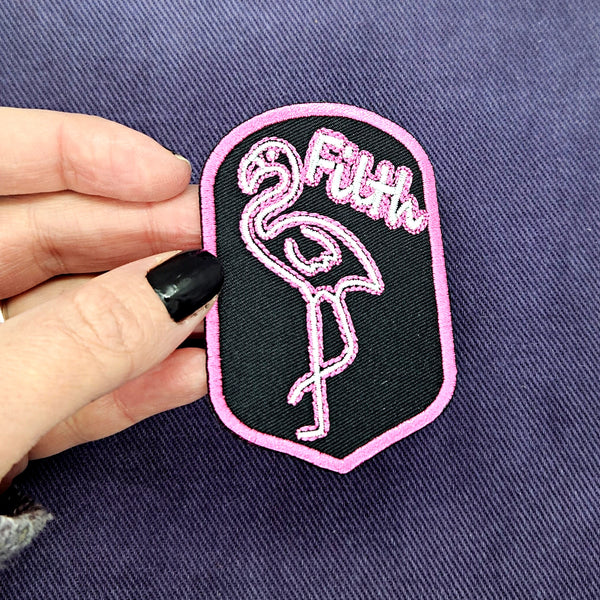 Filthy Pink Flamingo Neon Sign Iron On Patch - Junkyard Witch