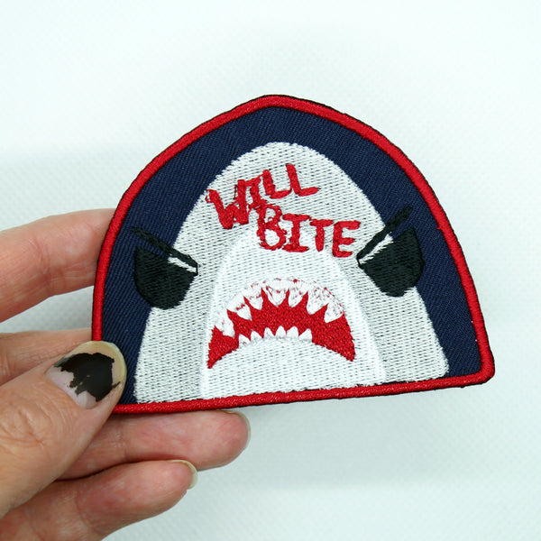 Shark Bite Funny Jaws Inspired Embroidered Iron On Patch - Junkyard Witch